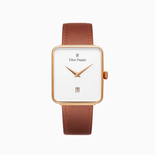 ELTON PEPPLE Rose Gold Watch With Brown Calfskin Leather Strap - Eggshell White/brown/rose Gold