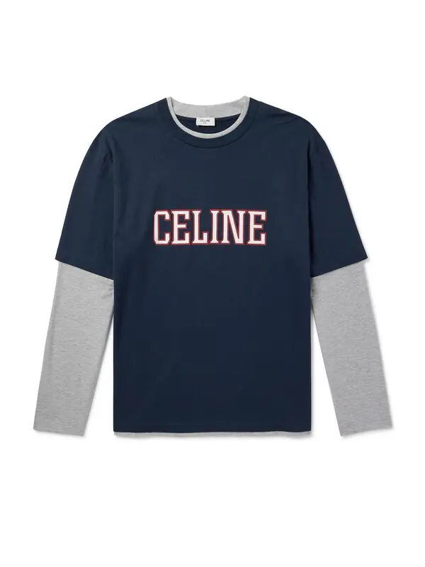 Celine Logo-Print Layered Cotton-Jersey T-Shirt - Blue | Editorialist
