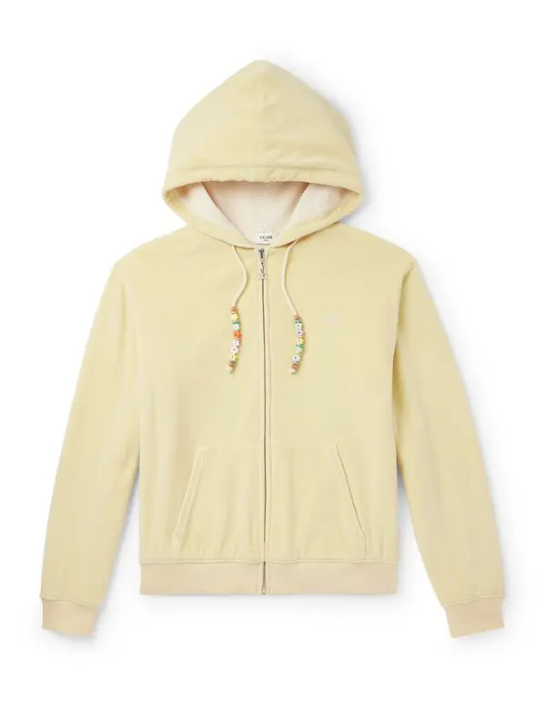 Celine Logo-Embroidered Cotton-Blend Velour Zip-Up Hoodie - Yellow