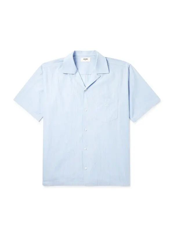 Celine Convertible-collar Logo-embroidered Striped Cotton-poplin Shirt - Blue