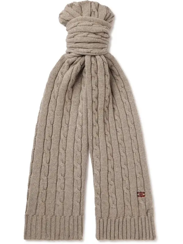 Celine Logo-embroidered Cable-knit Cashmere Scarf - Neutrals