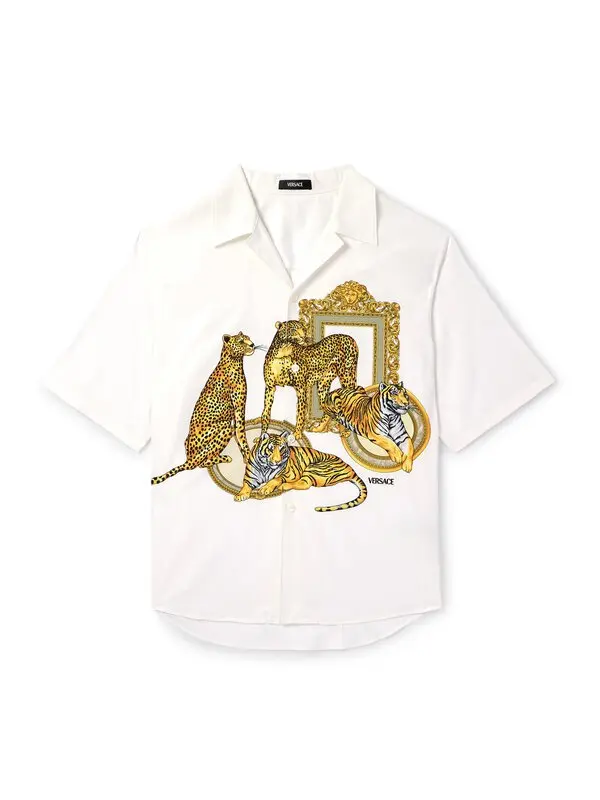 Versace Wild Cats Camp-collar Printed Cotton-poplin Shirt - White