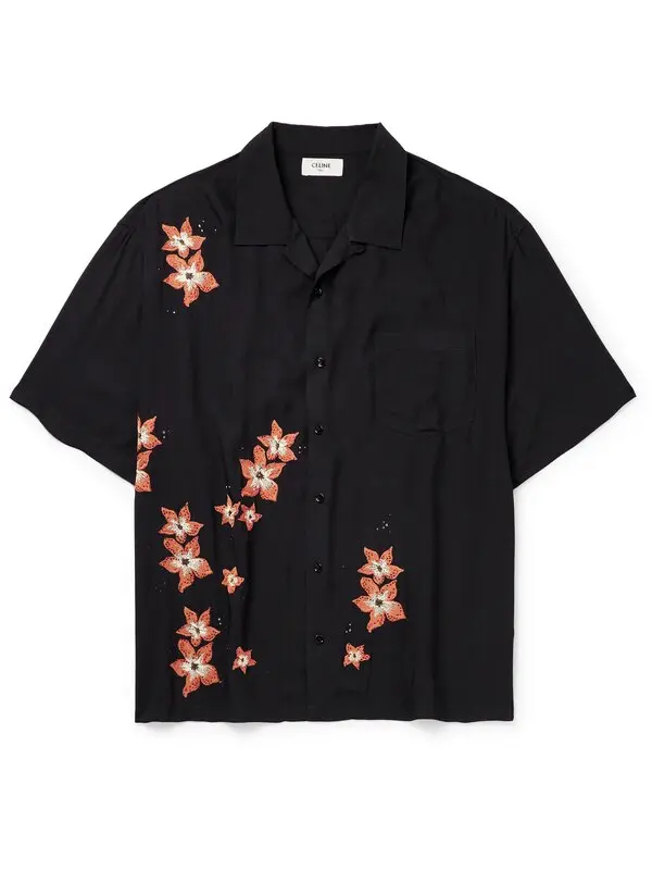 Celine Camp-collar Crystal-embellished Embroidered Satin Shirt - Black