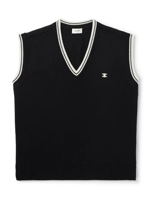 Celine Logo-embroidered Wool Sweater Vest - Black