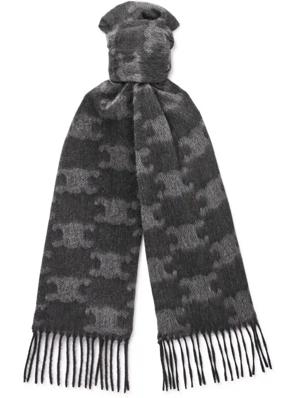Celine Triomphe Fringed Monogrammed Jacquard-knit Cashmere Scarf - Gray