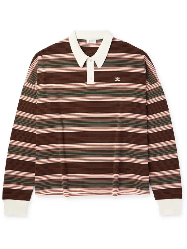Celine Logo-embroidered Striped Cotton Polo Shirt - Brown