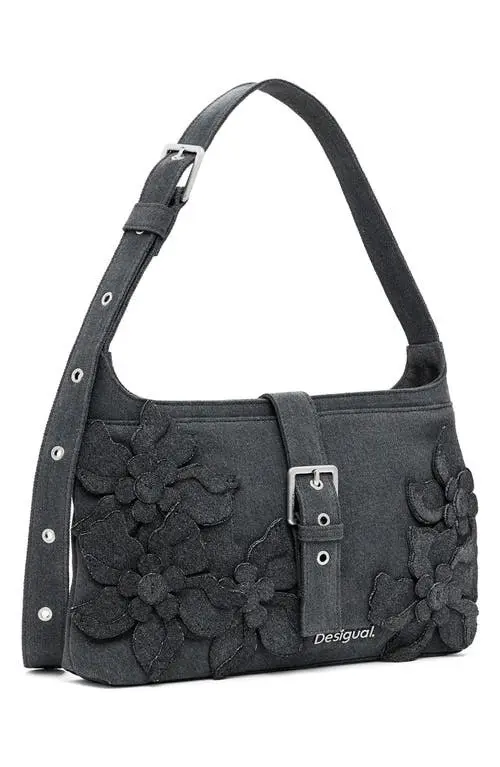 Desigual Flower Appliqué Denim Shoulder Bag