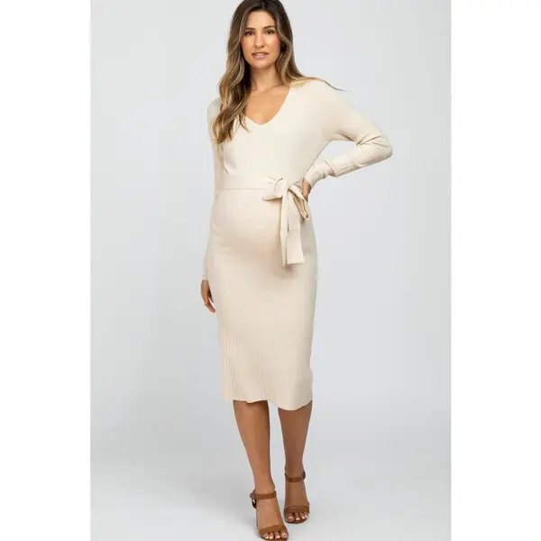 PINKBLUSH Tie Front Maternity Sweater Midi Dress - Beige
