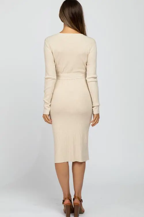 PINKBLUSH Tie Front Maternity Sweater Midi Dress - Beige