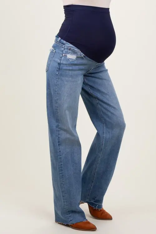 PINKBLUSH Vintage Wash Raw Hem Wide Leg Maternity Jeans - Blue