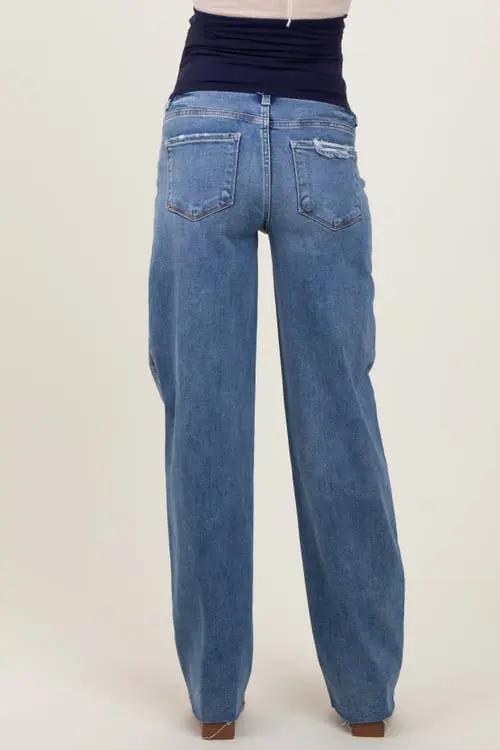 PINKBLUSH Vintage Wash Raw Hem Wide Leg Maternity Jeans - Blue