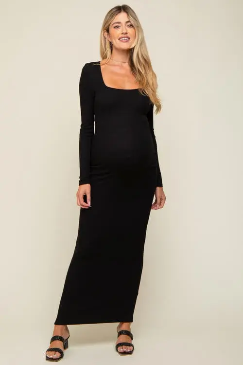 PINKBLUSH Ribbed Long Sleeve Square Neck Maxi Dress - Black