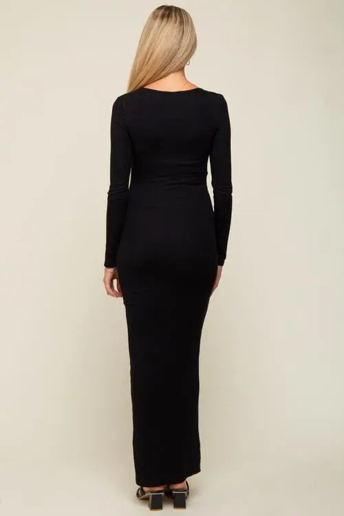 PINKBLUSH Ribbed Long Sleeve Square Neck Maxi Dress - Black