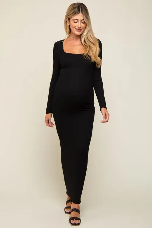 PINKBLUSH Ribbed Long Sleeve Square Neck Maxi Dress - Black