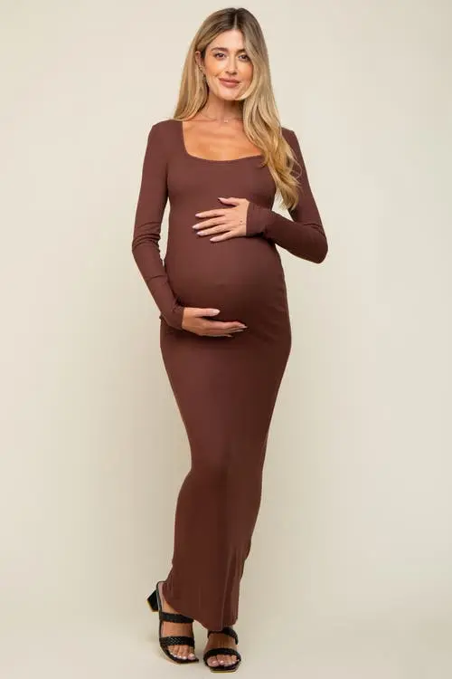 PINKBLUSH Ribbed Long Sleeve Square Neck Maxi Dress - Brown