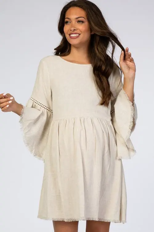 PINKBLUSH Raw Edge Bell Sleeve Babydoll Dress - Cream
