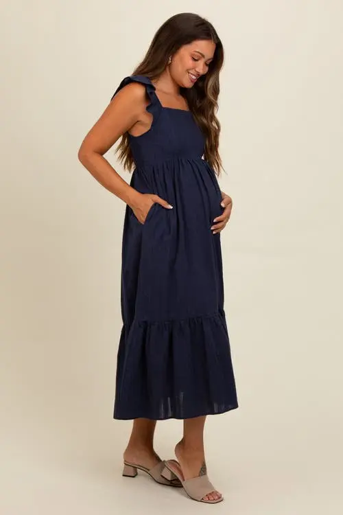 PINKBLUSH Textured Cotton Ruffle Strap Midi Dress