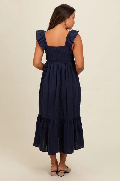 PINKBLUSH Textured Cotton Ruffle Strap Midi Dress