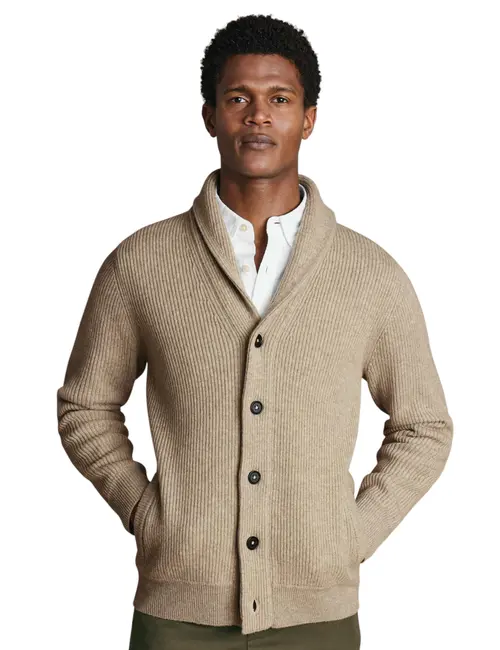 CHARLES TYRWHITT Merino Button Through Funnel Neck Cardigan - Oatmeal