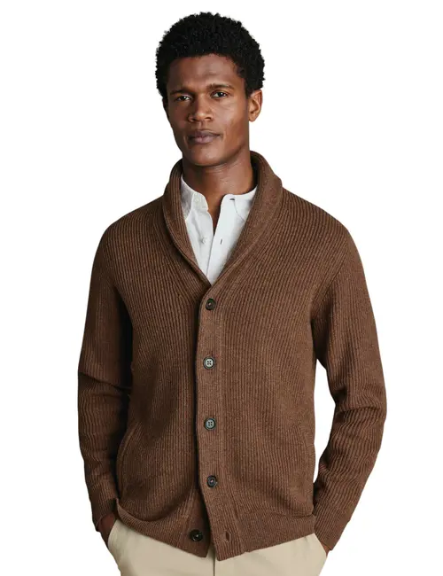 CHARLES TYRWHITT Merino Button Through Funnel Neck Cardigan - Toffee