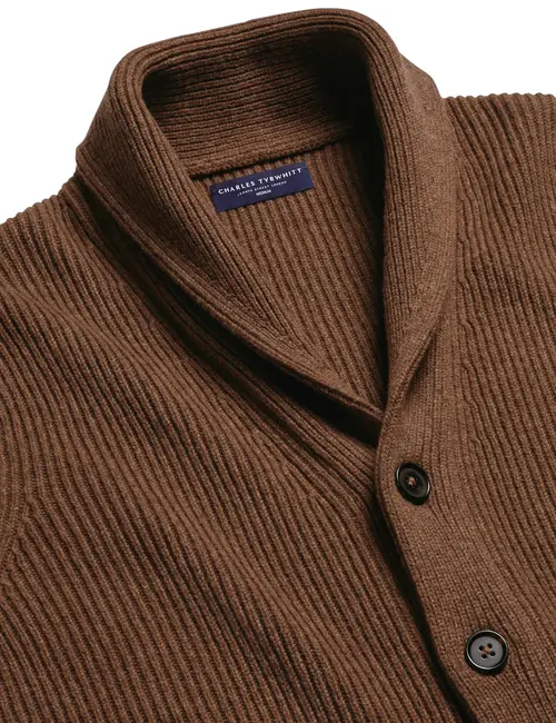 CHARLES TYRWHITT Merino Button Through Funnel Neck Cardigan - Toffee