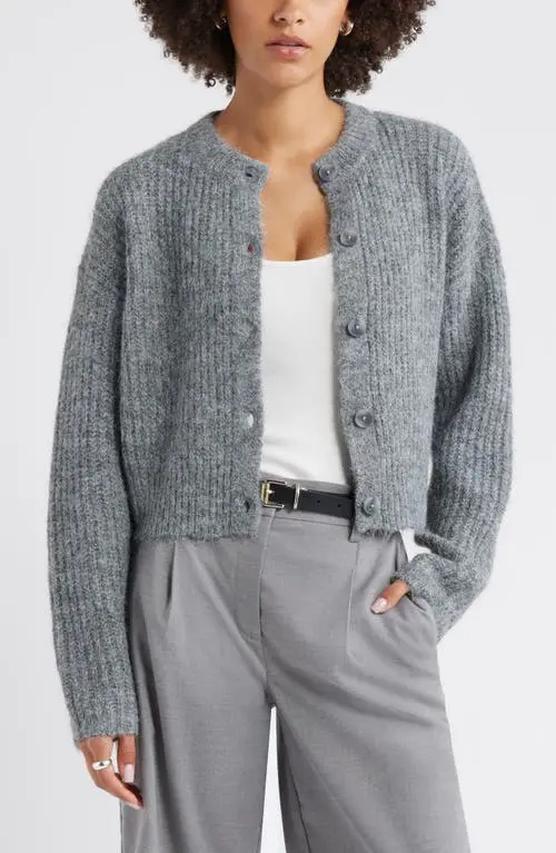 OPEN EDIT Fuzzy Crewneck Cardigan - Grey Medium Heather