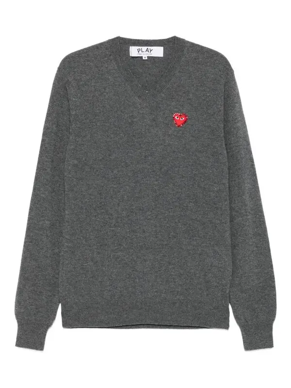Play Comme Des Garcon Heart-emblem V-neck Sweater - Grey