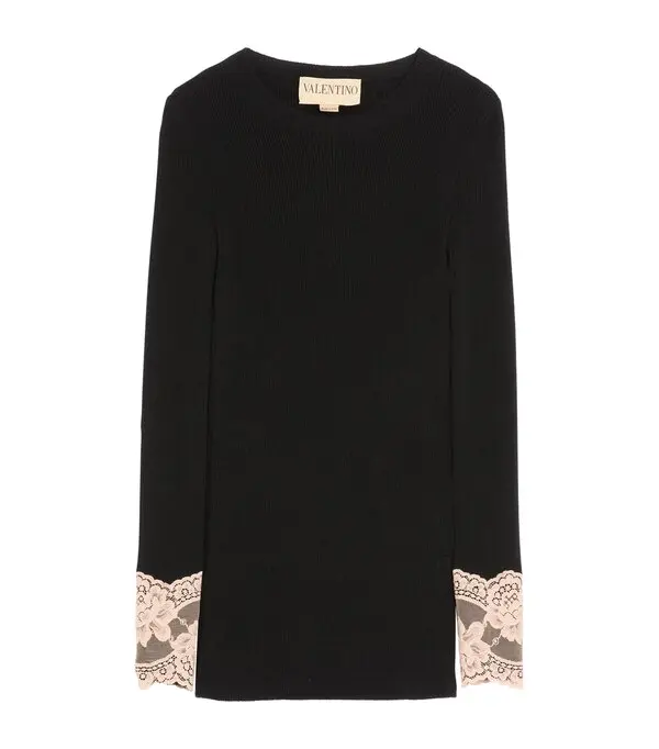 Valentino Garavani Cashmere And Lace Long Sleeve Sweater - Black
