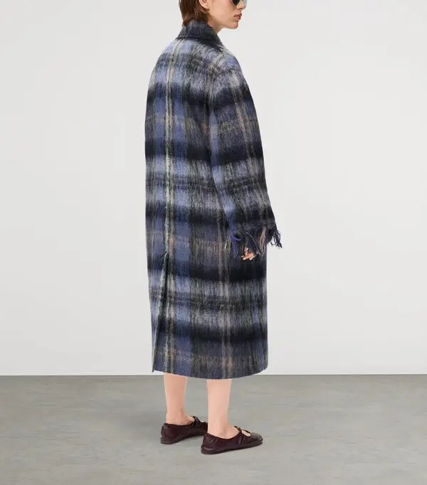 Loewe Mohair-wool Checked Longline Coat - Blue