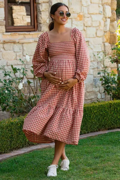 PINKBLUSH Gingham Long Sleeve Maternity Midi Dress - Red
