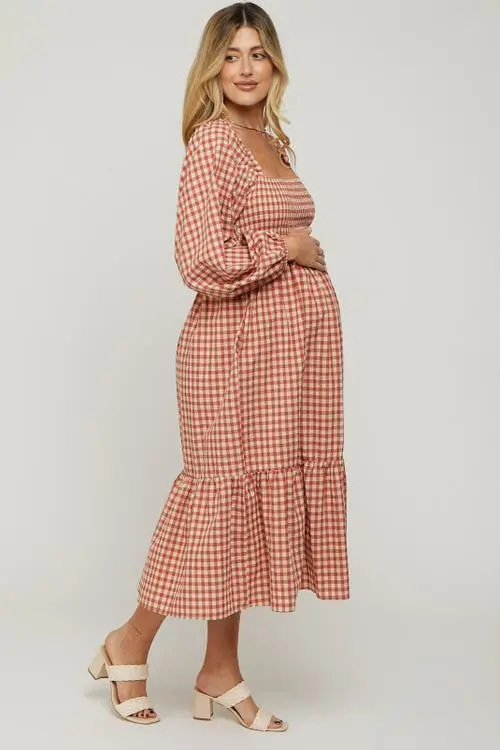 PINKBLUSH Gingham Long Sleeve Maternity Midi Dress - Red