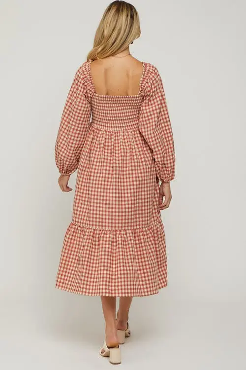 PINKBLUSH Gingham Long Sleeve Maternity Midi Dress - Red