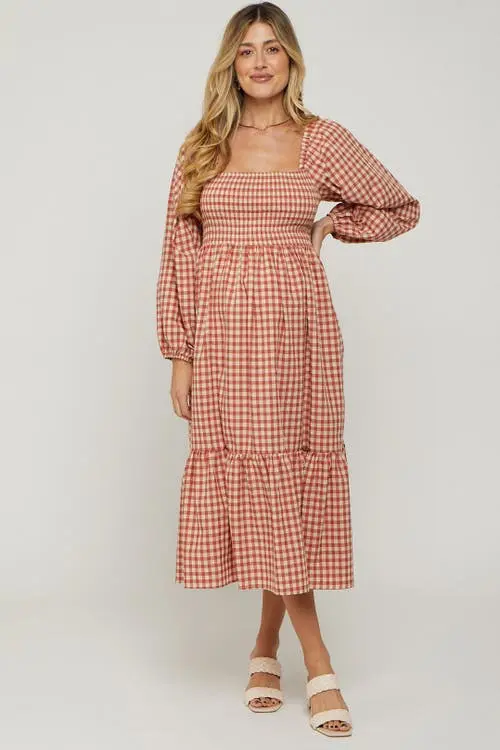PINKBLUSH Gingham Long Sleeve Maternity Midi Dress - Red