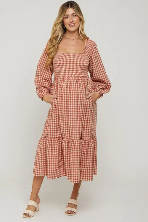 PINKBLUSH Gingham Long Sleeve Maternity Midi Dress - Red