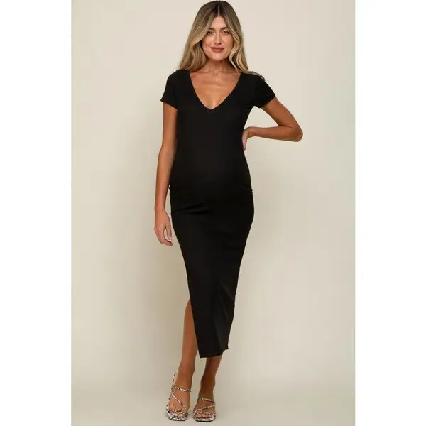 PINKBLUSH Ribbed Side Slit Maternity Midi Dress - Black