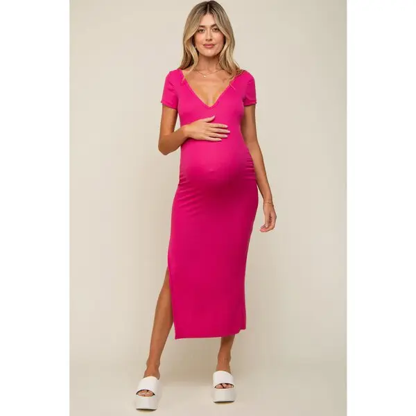 PINKBLUSH Ribbed Side Slit Maternity Midi Dress - Fuschia