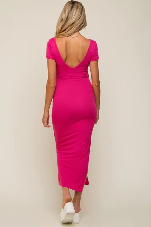 PINKBLUSH Ribbed Side Slit Maternity Midi Dress - Fuschia