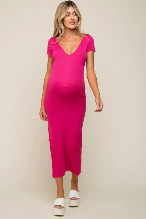 PINKBLUSH Ribbed Side Slit Maternity Midi Dress - Fuschia