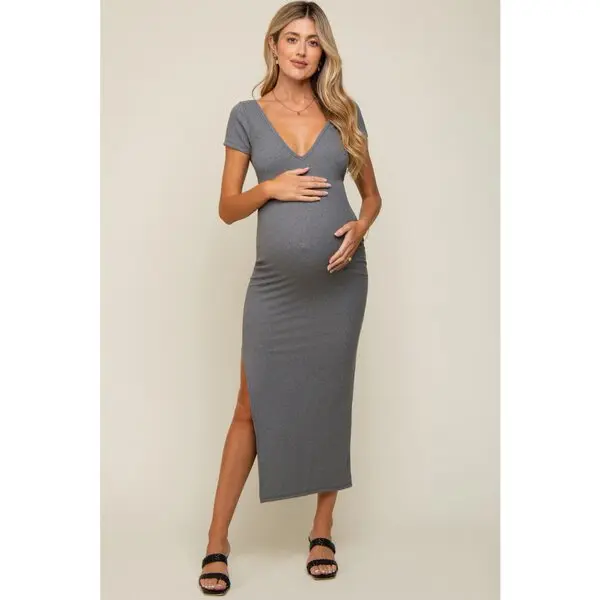 PINKBLUSH Ribbed V-neck Side Slit Midi Dress - Grey