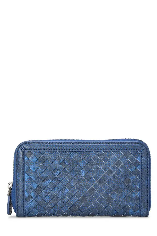 Bottega Veneta Intrecciato Snakeskin Zip Around Wallet - Navy