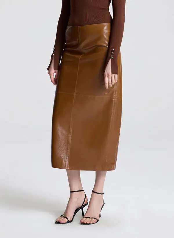 A.L.C. Marta Leather Midi Skirt - Saddle