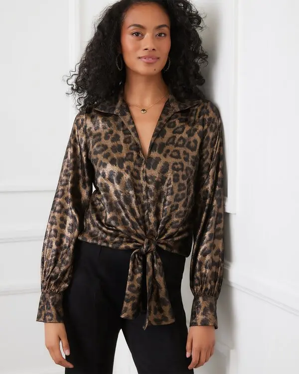 Karen Kane Long Sleeve Tie Front Top - Leopard