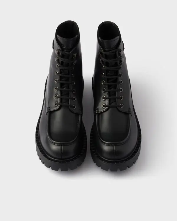 Prada Lace-up Leather Ankle Boots - Black