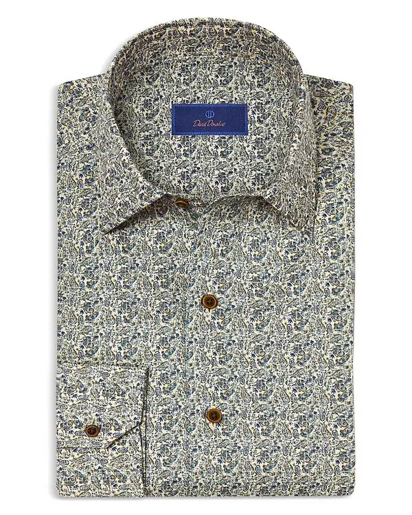David Donahue Printed Sport Shirt - Sage/ Blue