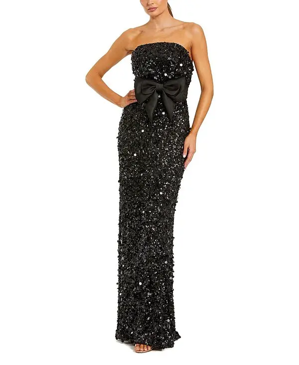 Mac Duggal Strapless Sequin Column Gown With Bow