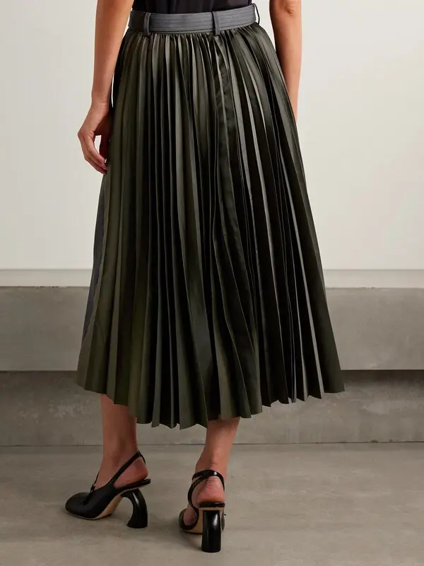 Sacai Paneled Striped Woven And Pleated Satin-twill Midi Skirt With Belt