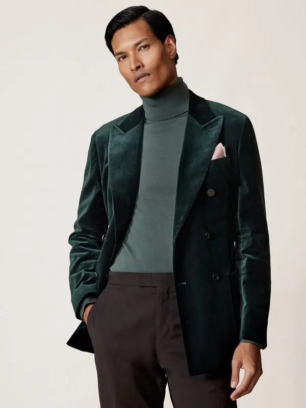REISS Royale Double-breasted Velvet Blazer Slim-fit - Emerald Green