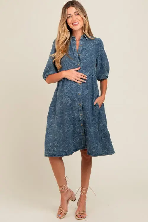PINKBLUSH Denim Button Front Puff Sleeve Dress