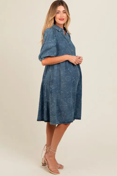 PINKBLUSH Denim Button Front Puff Sleeve Dress