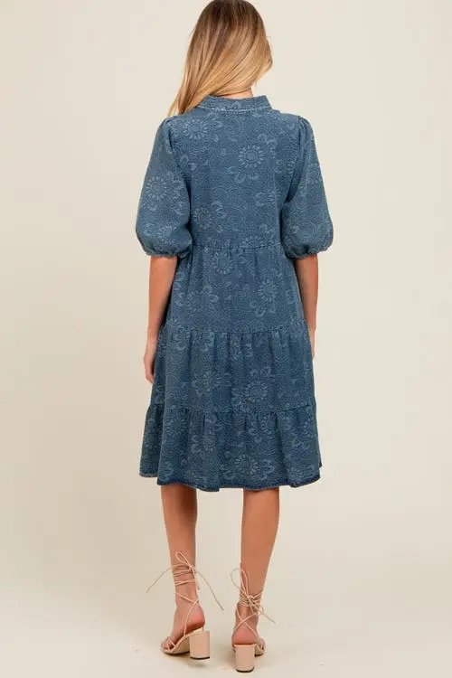 PINKBLUSH Denim Button Front Puff Sleeve Dress